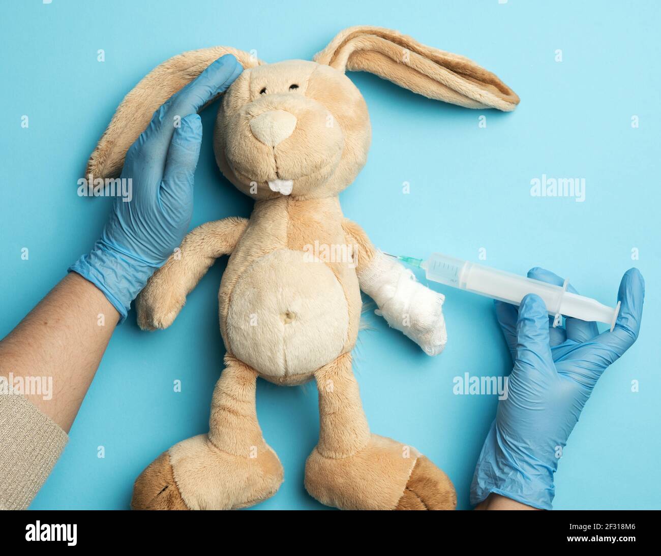 Plush rabbit with a bandaged paw and two female hands of a doctor ...