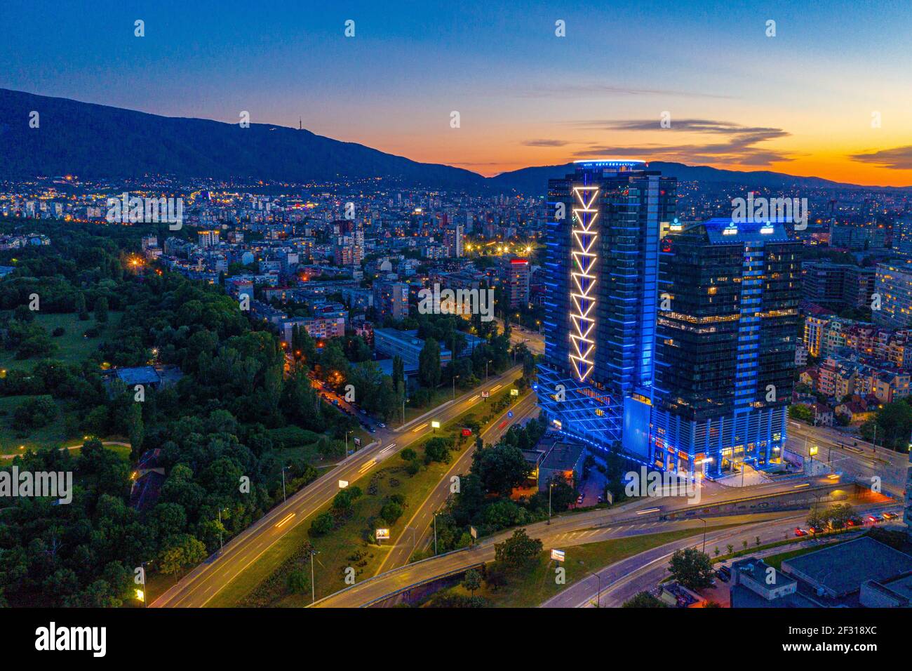 Sofia, Bulgaria, July 1, 2020: Sunset aerial view of downtown Sofia in ...