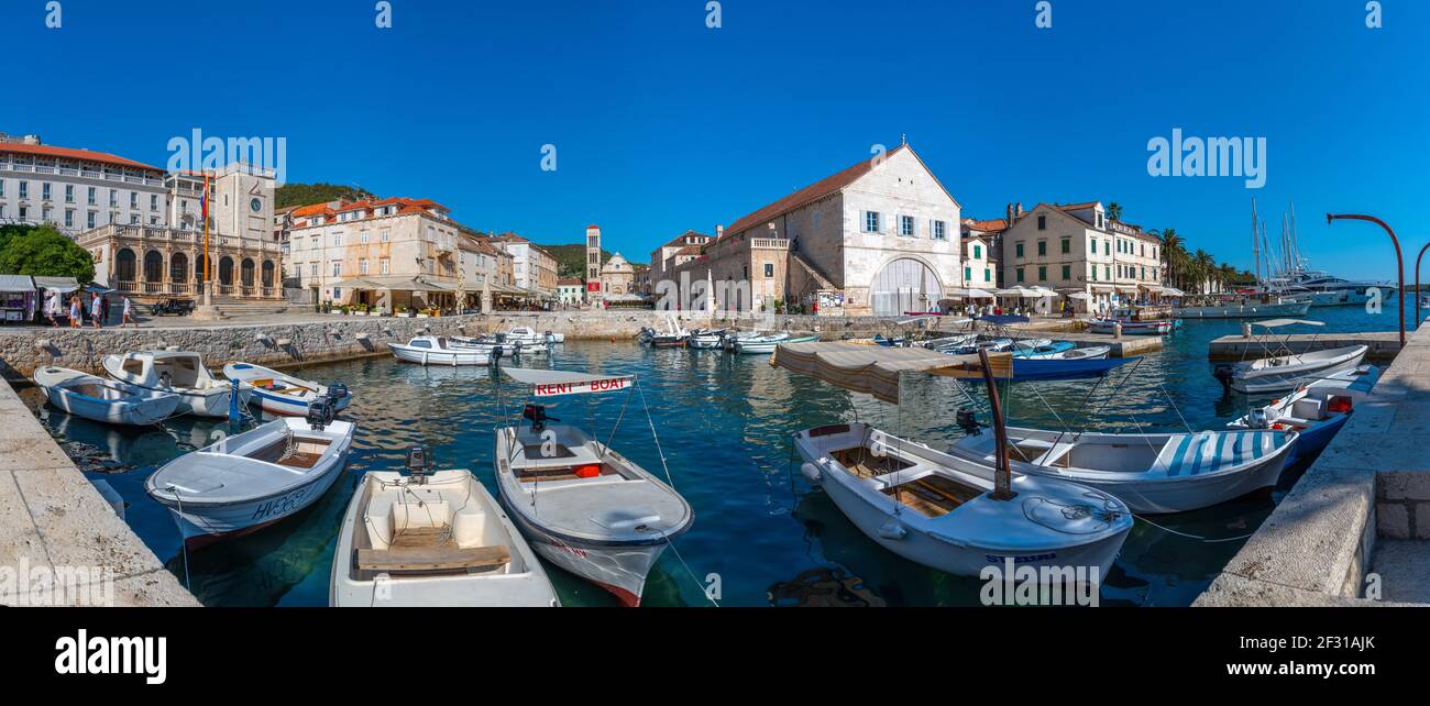Hvar, Croatia, July 29, 2020: Boats at port of Hvar with cathedral of ...