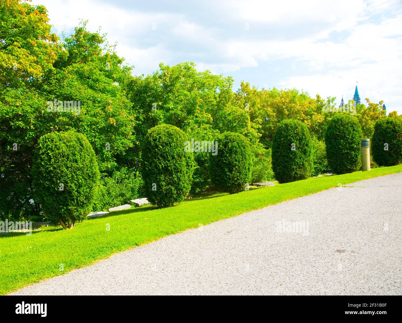 Trail in Gatineau, Quebec with Parliament, Peace Tower behind Hedges ...