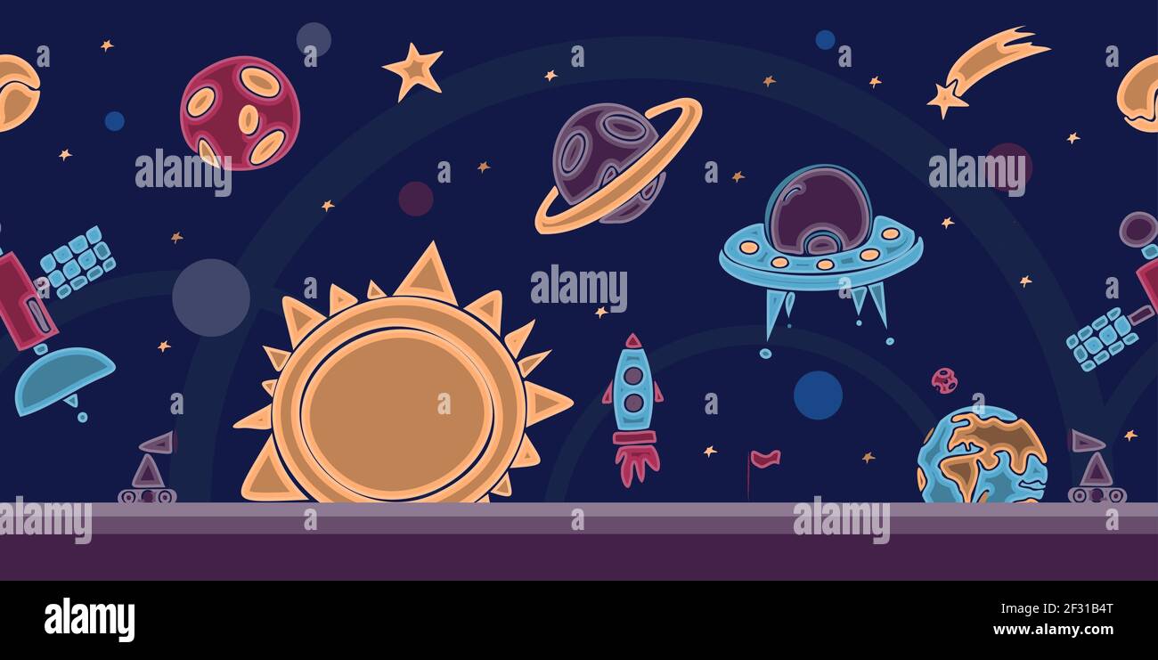 Hand draw space illustration with a rocket, astronaut, planets and ...