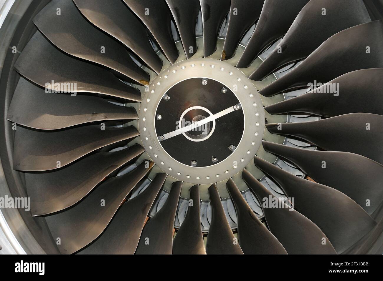 Closeup of a jet turbine. Blades of the airplane turbine Stock Photo ...