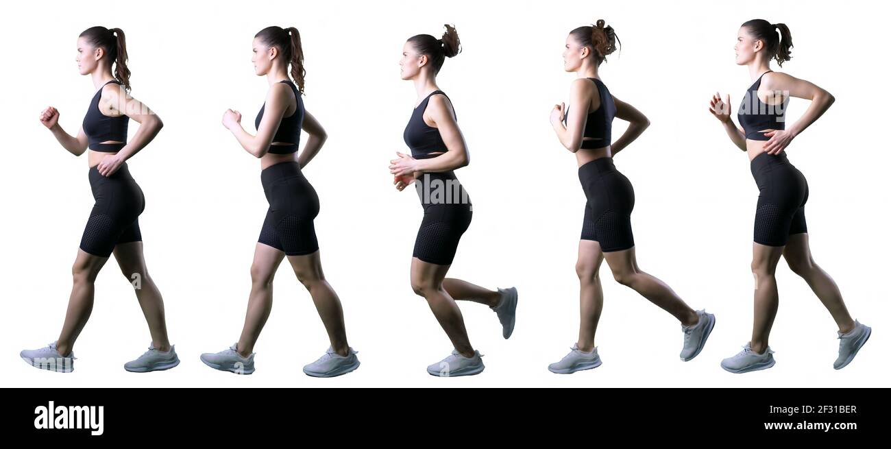 Set of sporty active woman speed walking, jogging or running. Side view ...