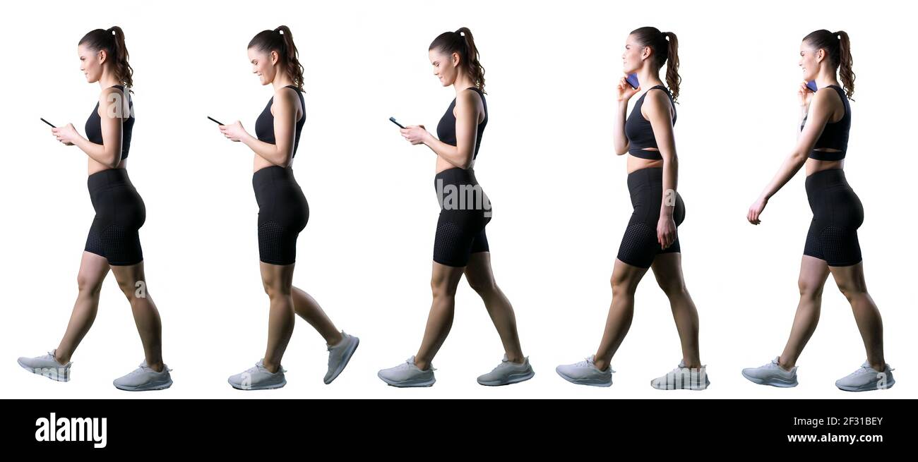 Set of sporty fit woman walking using phone or talking on cellphone ...