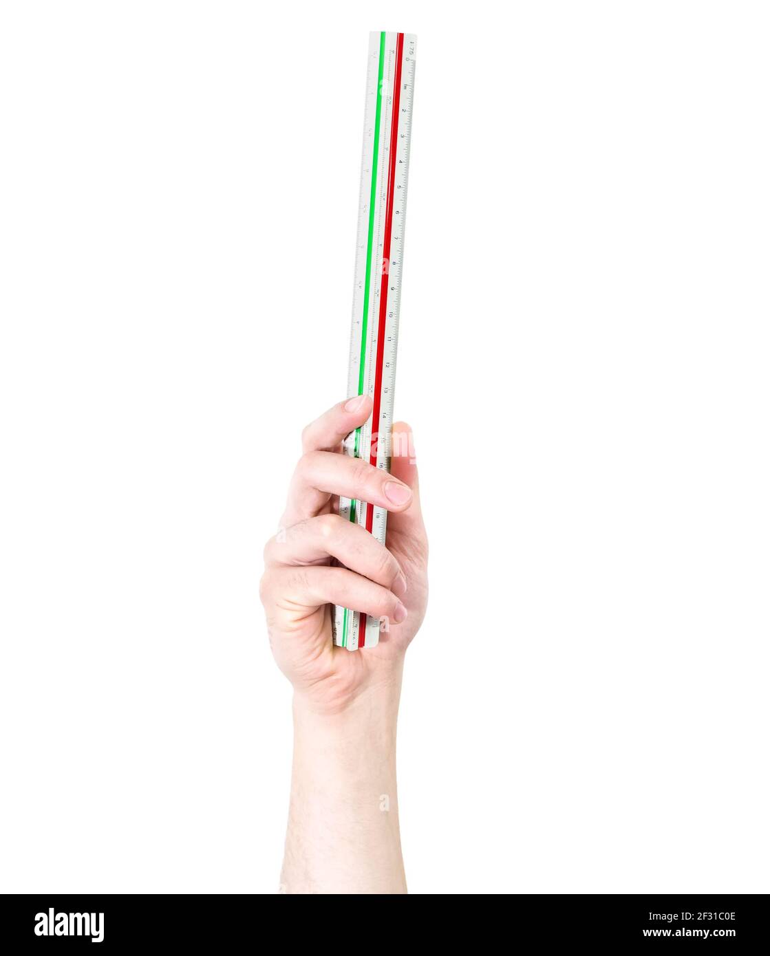 A man's arm raised holding a ruler, isolated on white background Stock ...
