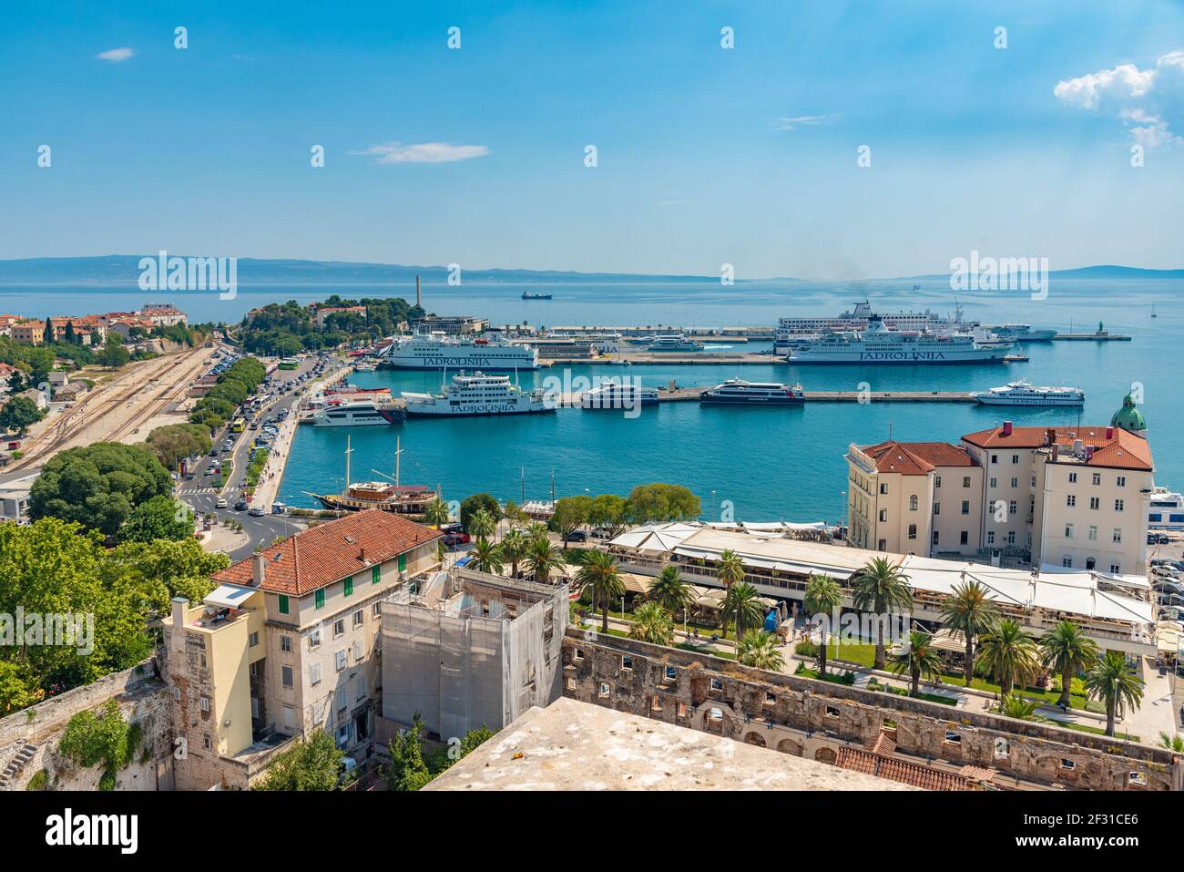 Split, Croatia, July 23, 2020: Jadrolinija ferries mooring in the port ...