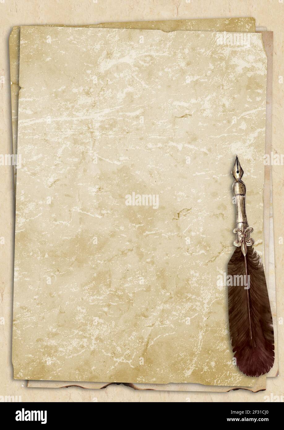 Background in vintage style with fountain feathers pen, sheets of old ...