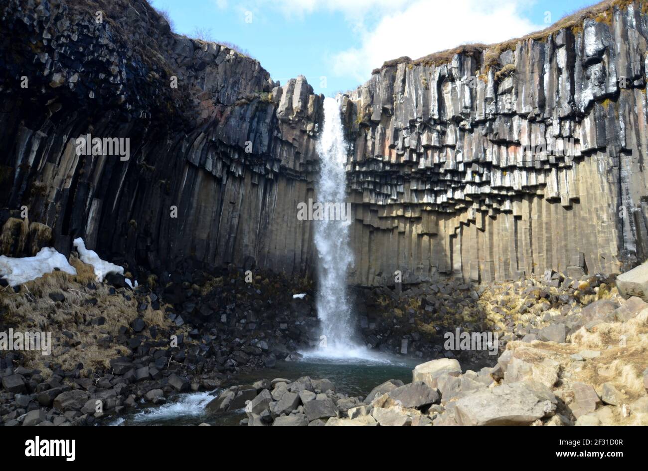 Spring day at an Icelandic basalt column waterfall Stock Photo - Alamy