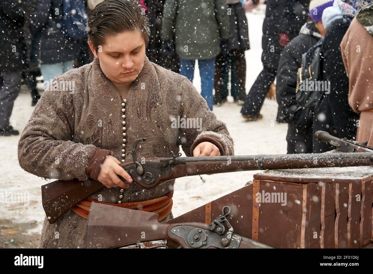 The historical reenactor charges the 17th century squeak during the ...