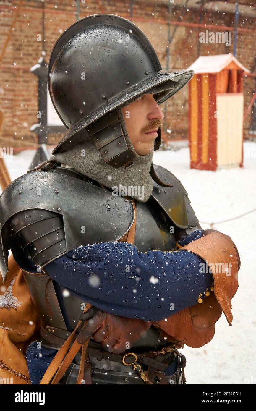 Historical reenactor in armor and morion of a 17th century European ...