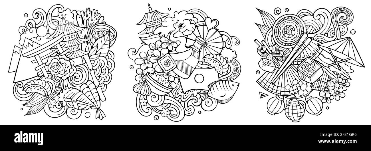 Japan cartoon vector doodle designs set. Line art detailed compositions ...