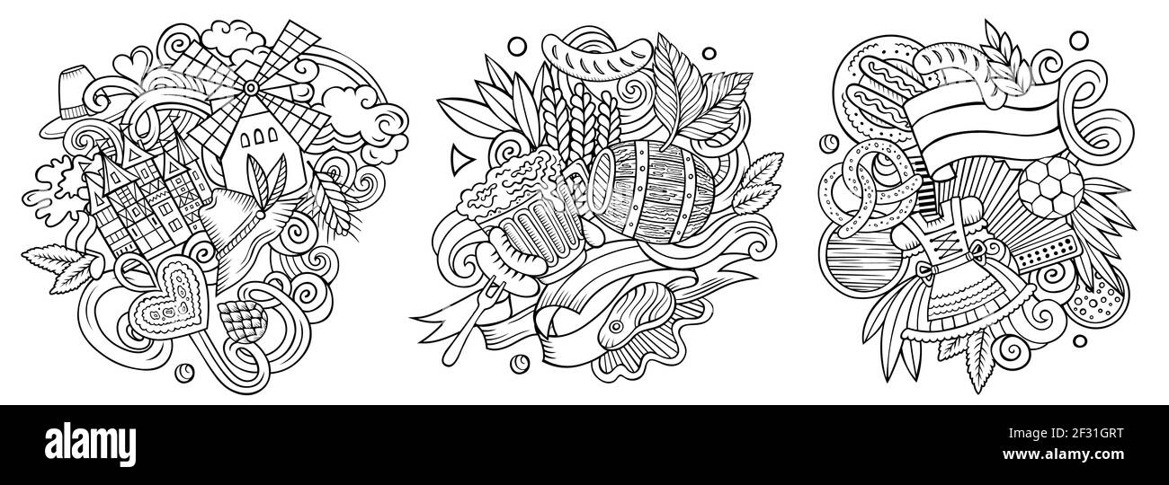 Germany cartoon vector doodle designs set. Line art detailed ...