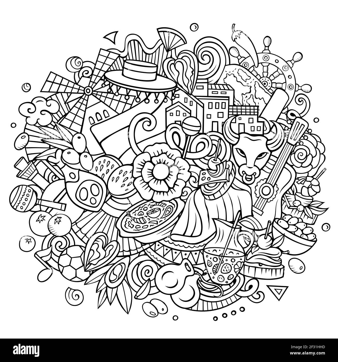 Spain hand drawn cartoon doodle illustration. Funny Spanish elements ...