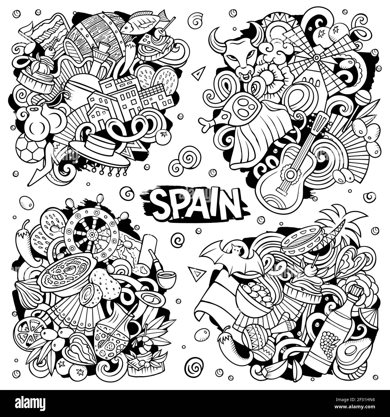 Spain cartoon vector doodle designs set. Line art detailed compositions ...