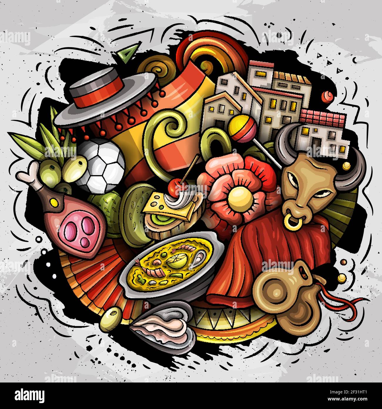 Spain hand drawn cartoon doodle illustration. Funny Spanish elements ...