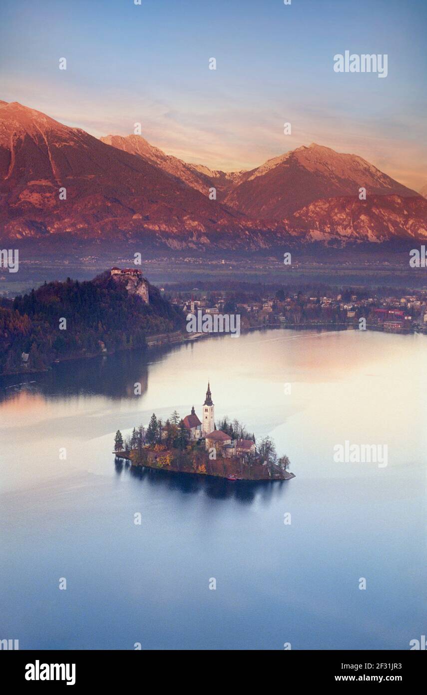 LAKE BLED ISLAND SUNSET VERTICAL PORTRAIT SLOVENIA High view lake vista ...
