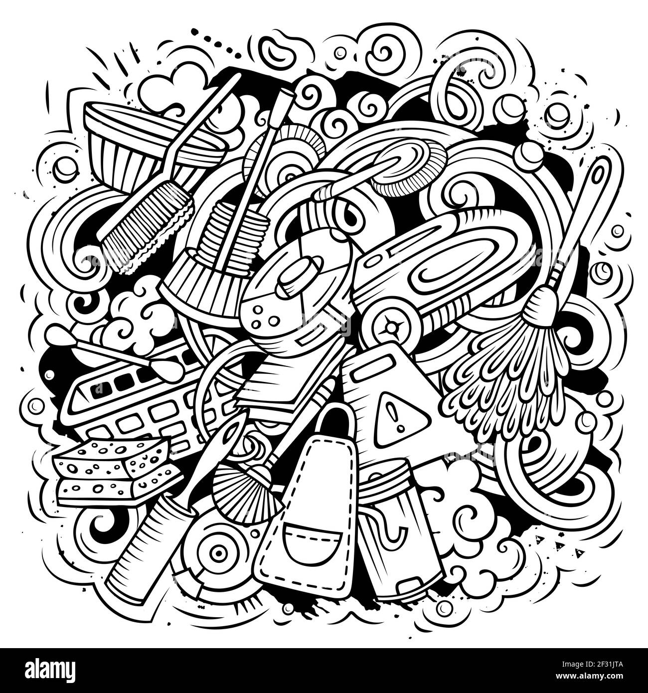 Cleaning cartoon vector doodle design. Line art detailed composition ...