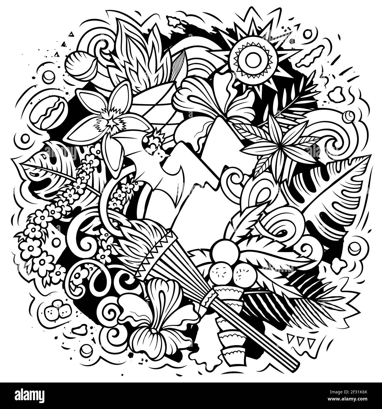 Hawaii cartoon vector doodle design. Line art detailed composition with ...