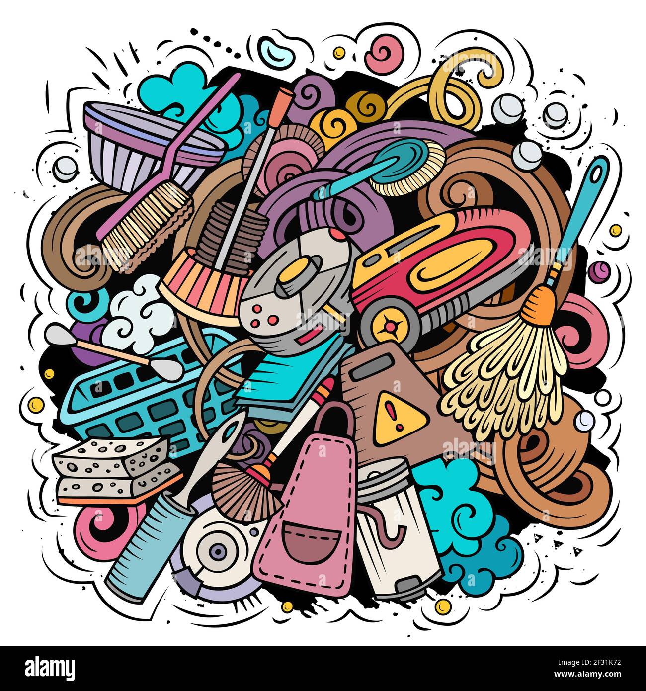 Cleaning cartoon vector doodle design. Colorful detailed composition ...