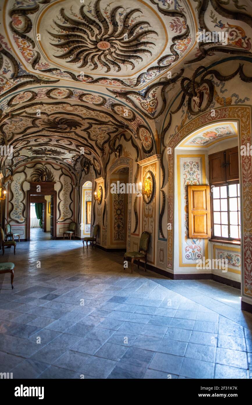 Elegant and original decorations in a hallway of Sarre Castle, used by ...