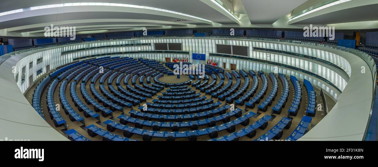 Strasbourg, France, September 22, 2020: Hemicycle assembly hall of the ...