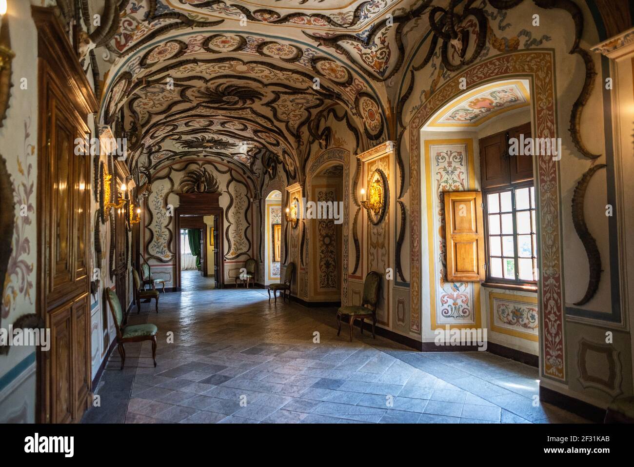 Elegant and original decorations in a hallway of Sarre Castle, used by ...