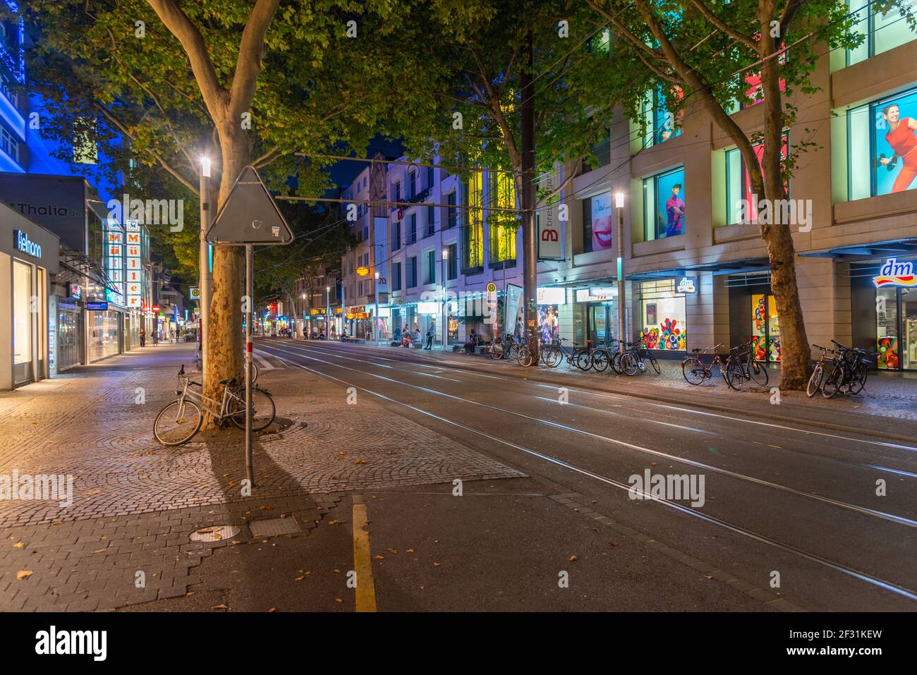 Karlsruhe, Germany, September 15, 2020: Night view of a street in the ...