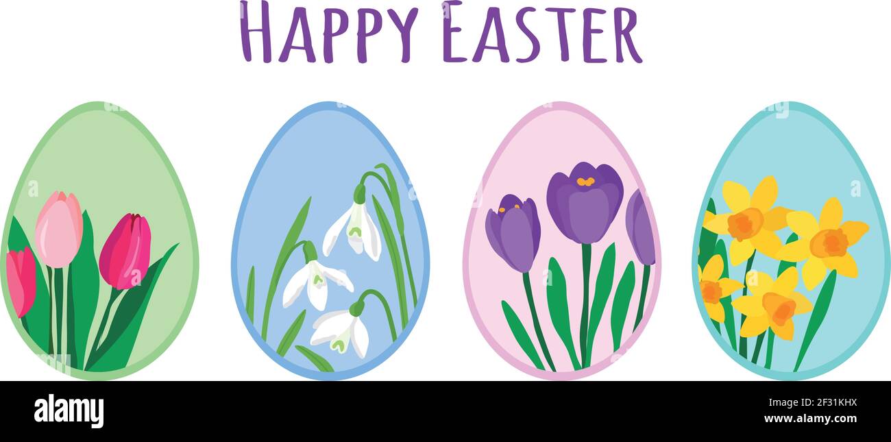 Colorful easter eggs decorated with cute spring flowers. Tulips ...