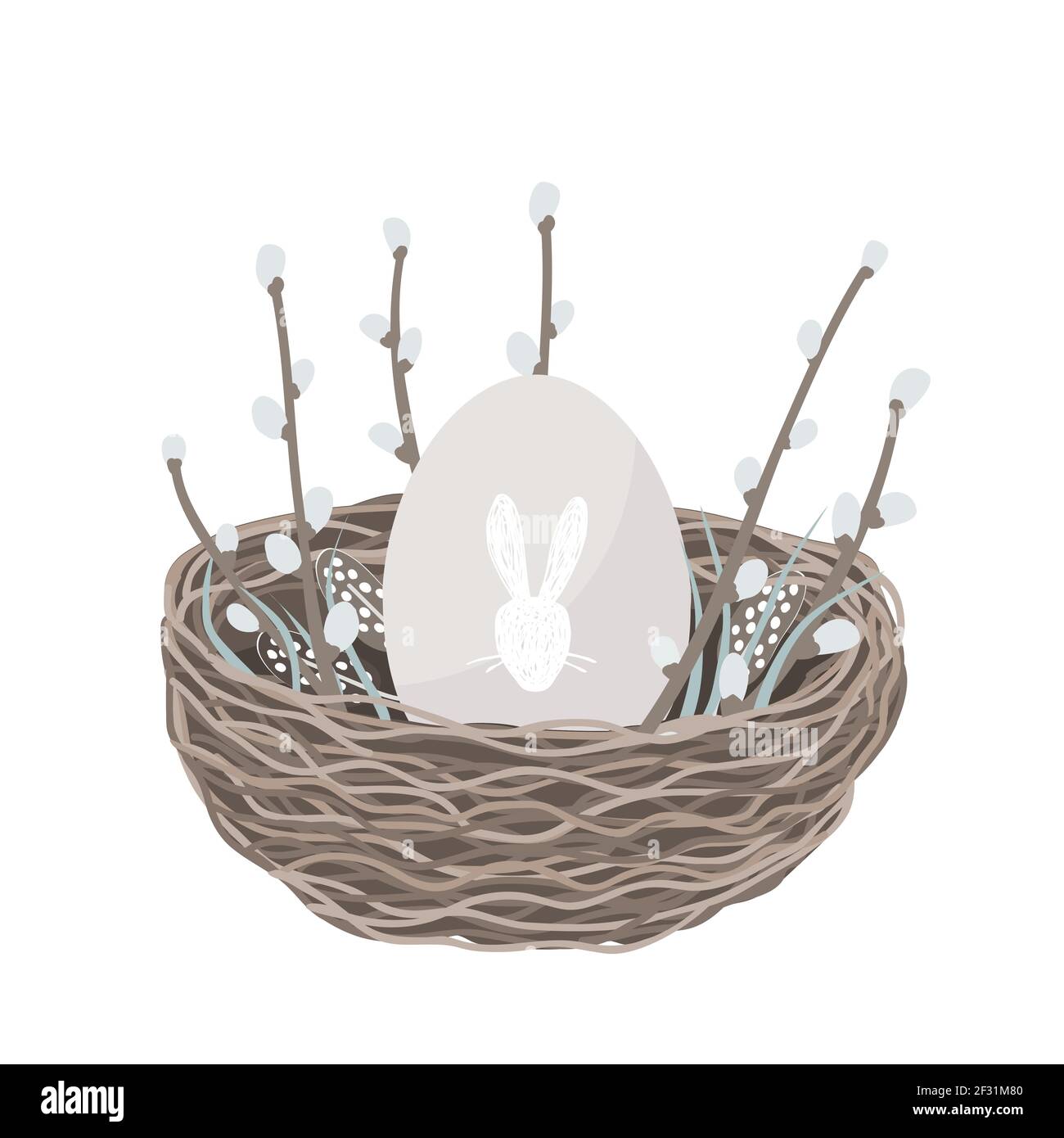 Easter composition with a nest, an egg, and pussy willow branches ...