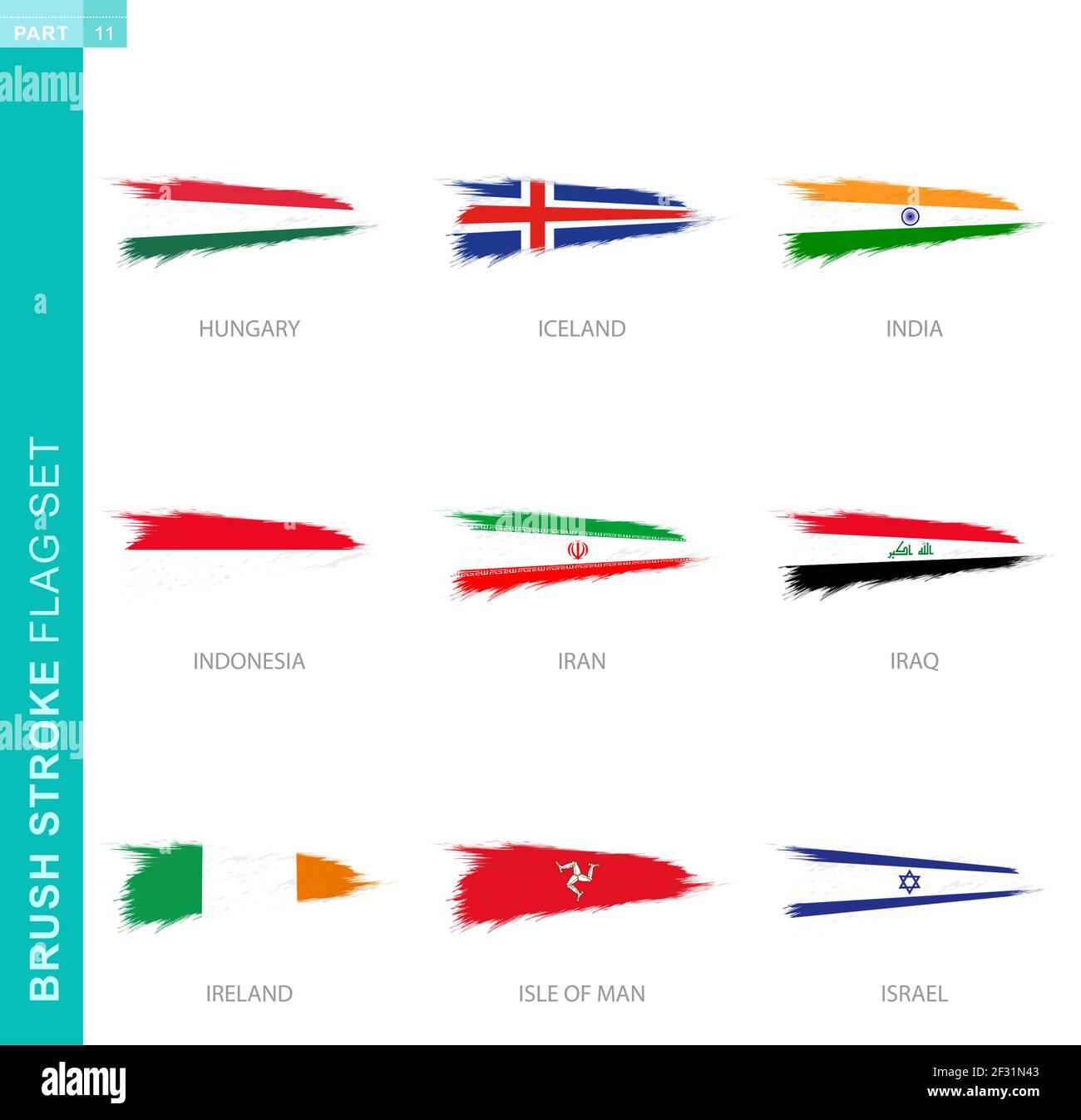 Vector brush stroke flag set, nine grunge flag: Hungary, Iceland, India ...
