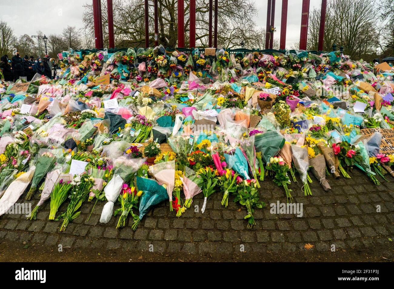 London, UK. 14th Mar, 2021. Tributes to Sarah Everard at Clapham Common ...