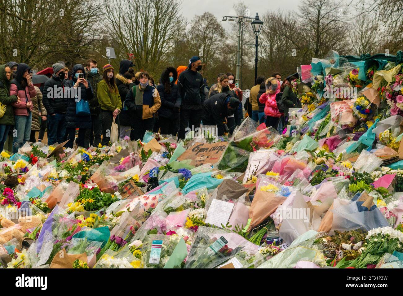London, UK. 14th Mar, 2021. Tributes to Sarah Everard at Clapham Common ...