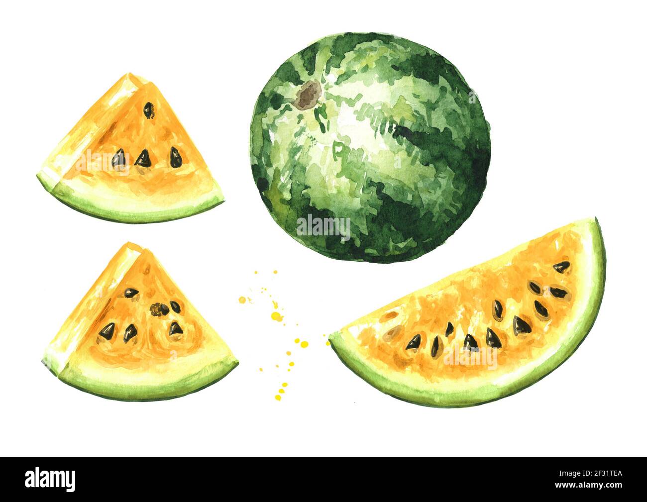 Whole and slice ripe yellow watermelon or Kalahari Melon set ...