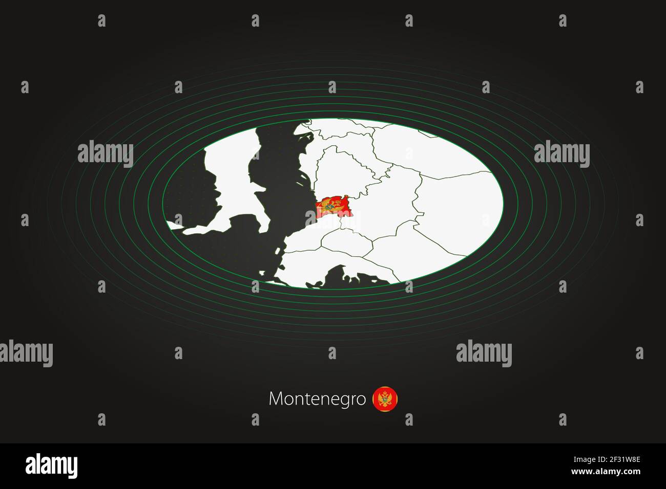 Montenegro map in dark color, oval map with neighboring countries ...