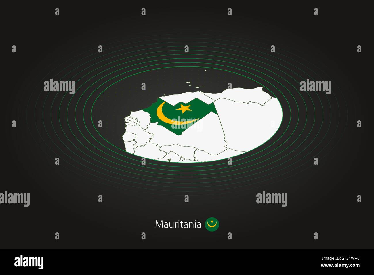 Mauritania map in dark color, oval map with neighboring countries ...