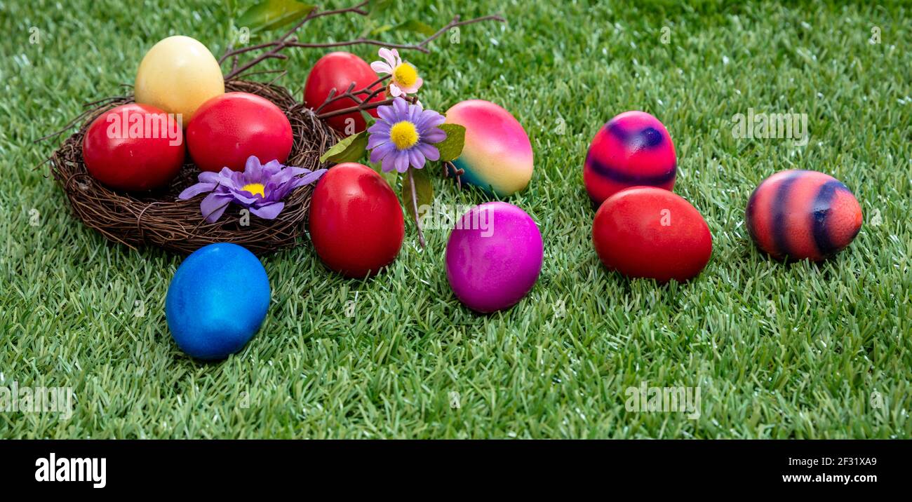 Easter eggs hunt concept. Happy Easter greeting card. Colorful eggs in ...