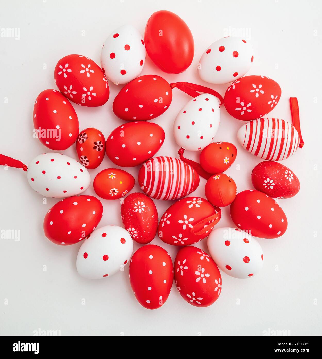 Easter eggs collection red color round shape on white background, top ...
