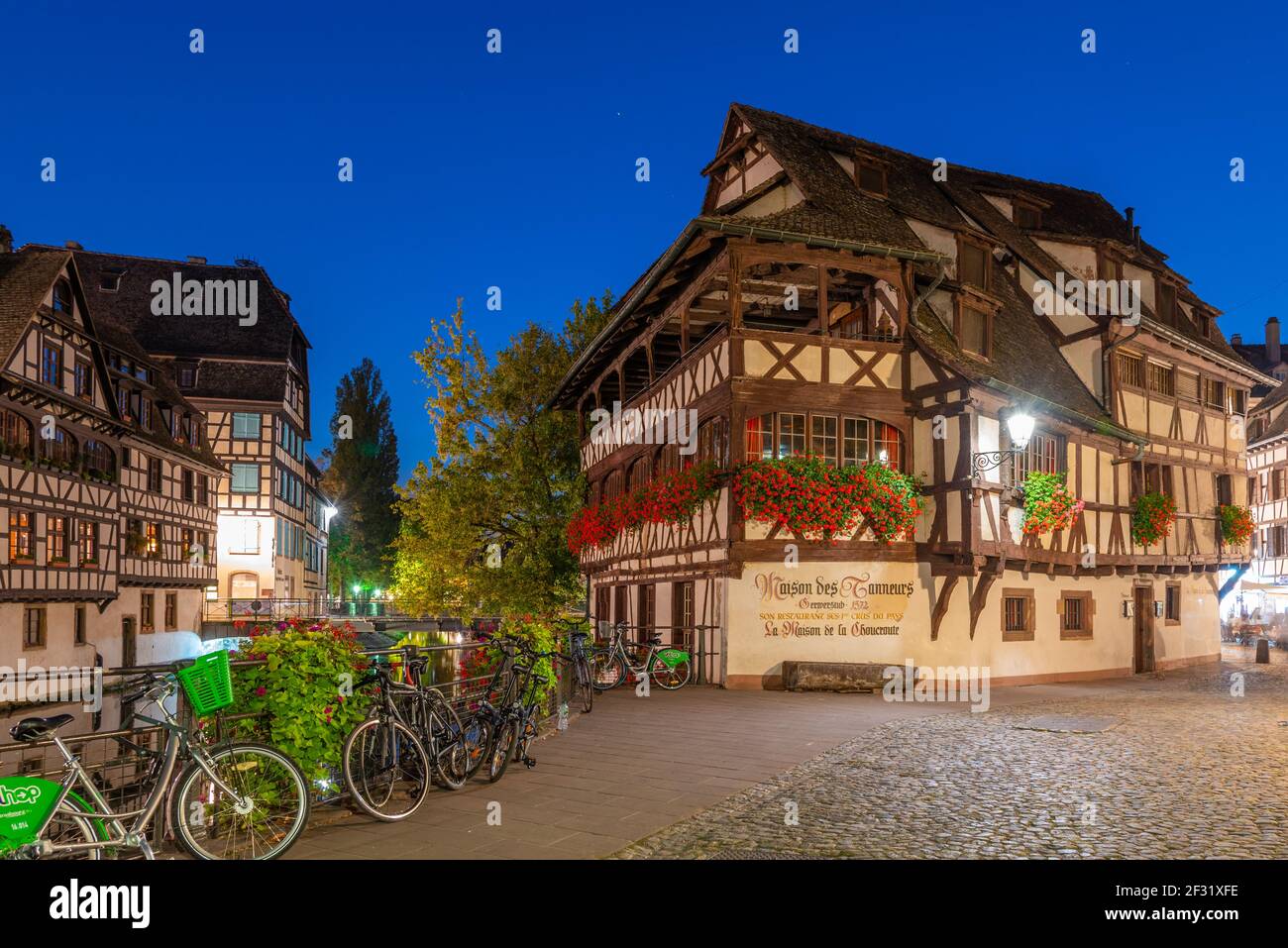 Strasbourg, France, September 21, 2020: Sunset view of colourful houses ...