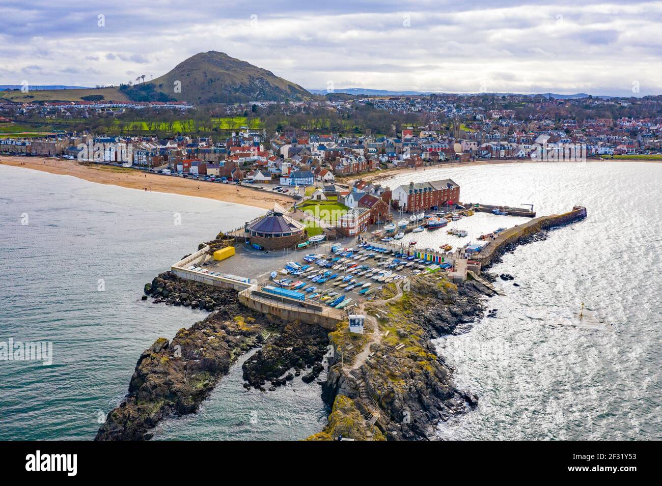 Aerial view of harbour and town of North Berwick in East Lothian ...