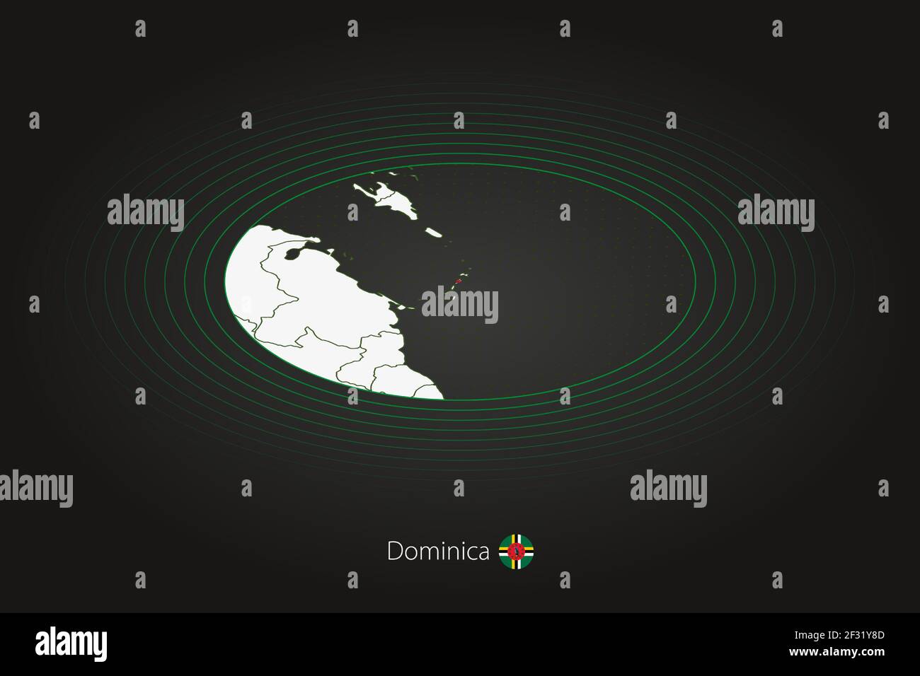 Dominica map in dark color, oval map with neighboring countries. Vector ...