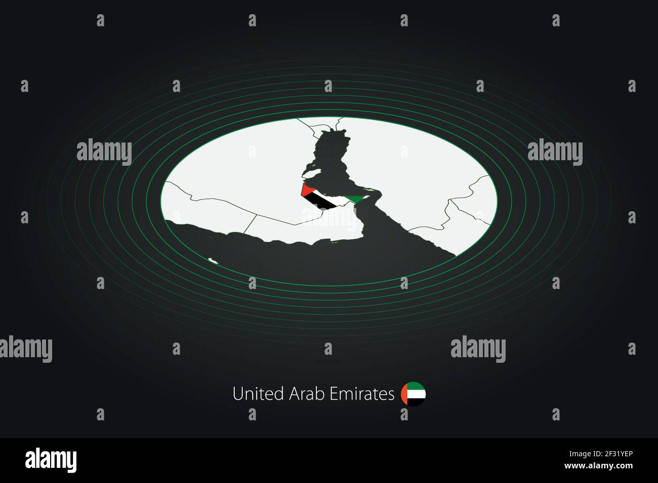 United Arab Emirates map in dark color, oval map with neighboring ...