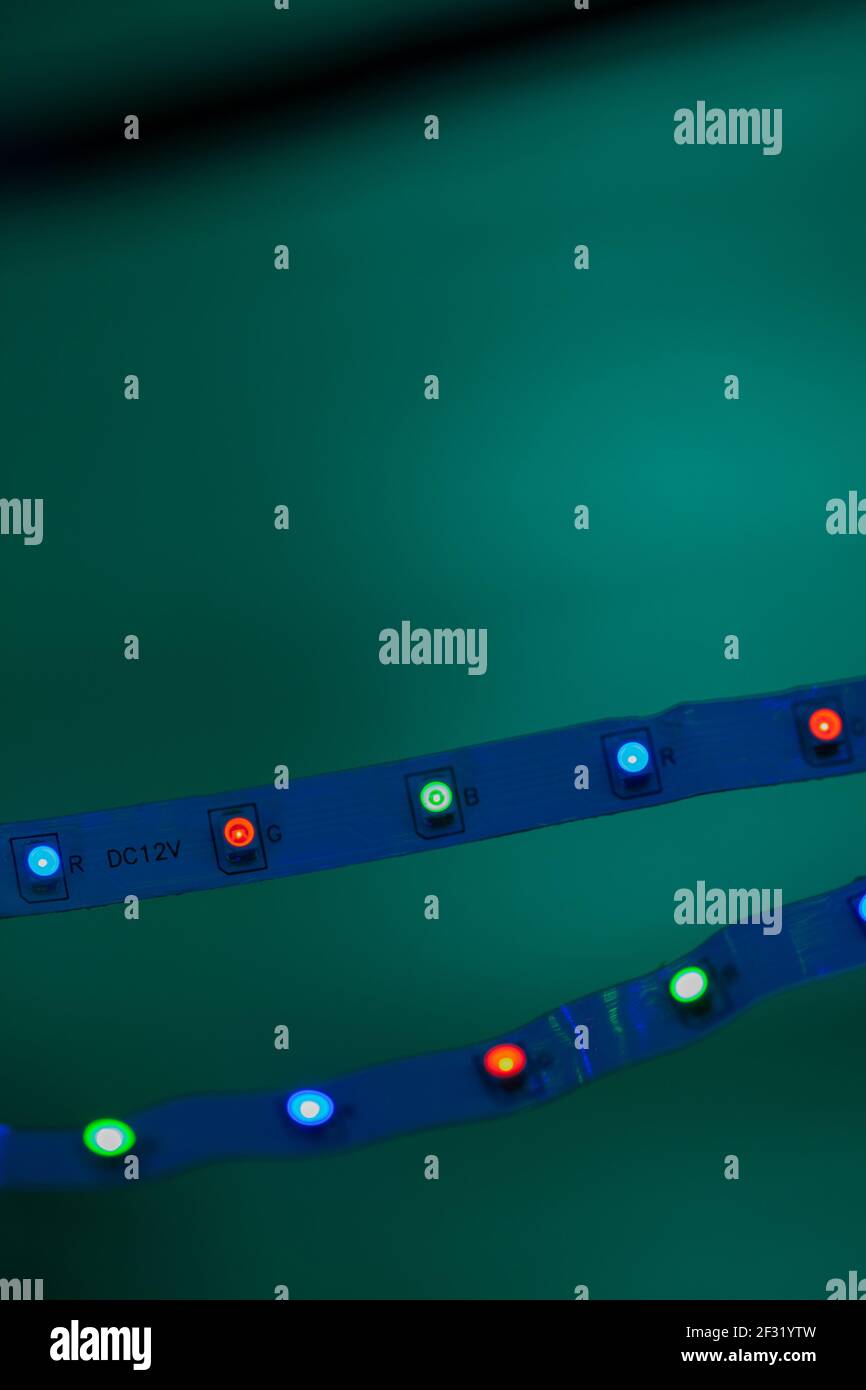 LED strip lights glow in the dark, close up photo with soft selective ...