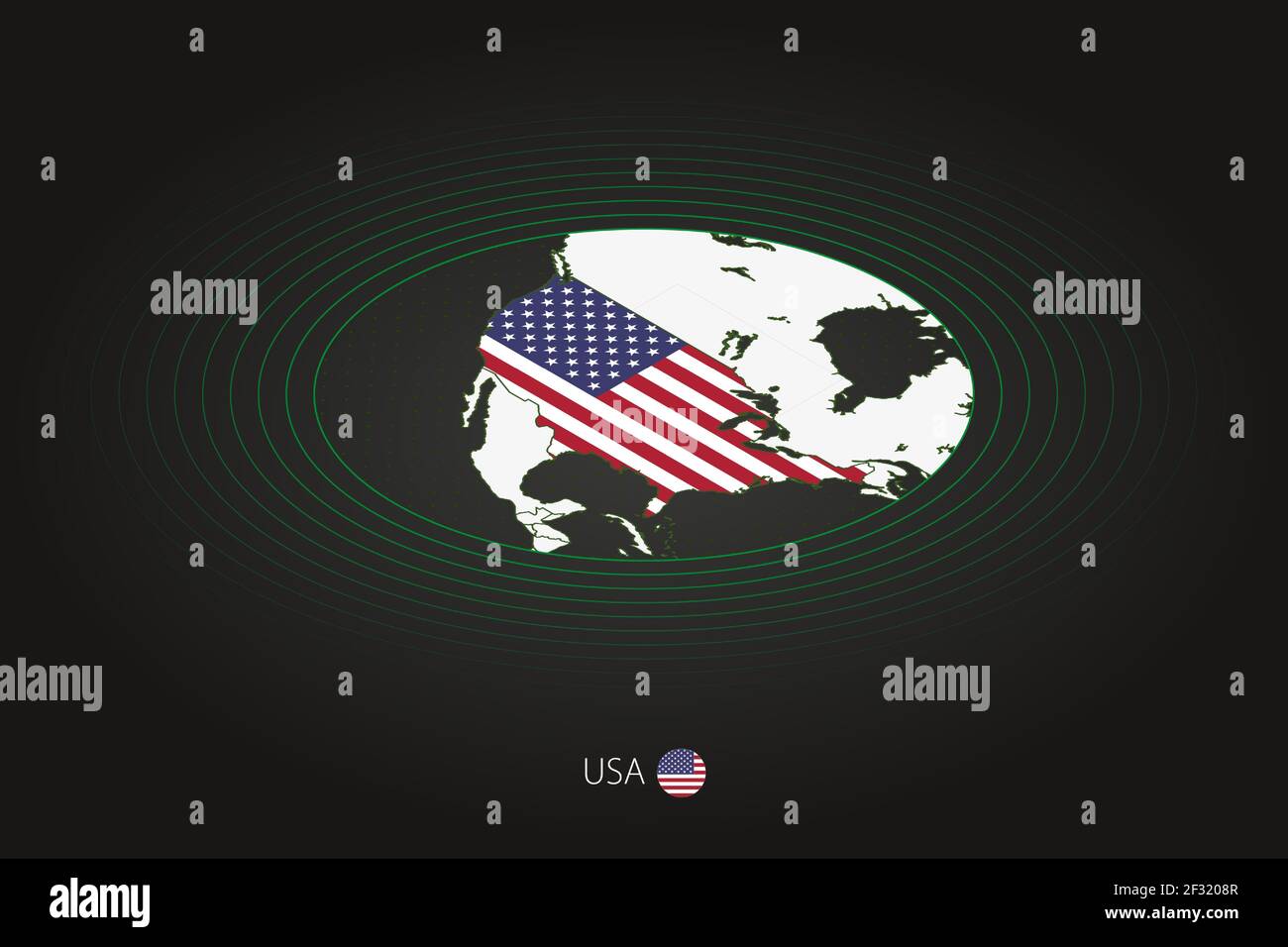 United States map in dark color, oval map with neighboring countries ...