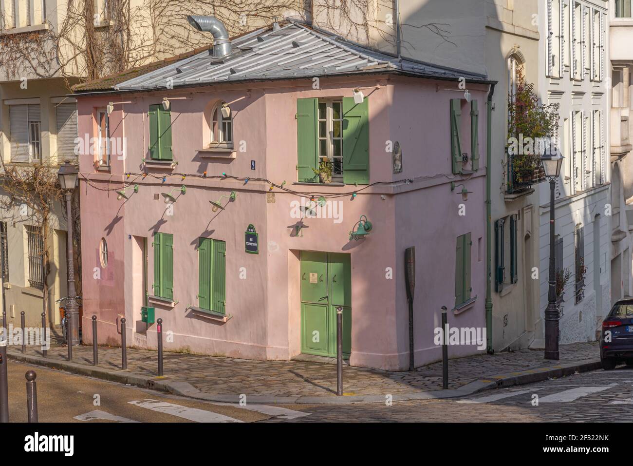 Paris, France - 02 26 2021: Montmartre district. The pink house at ...