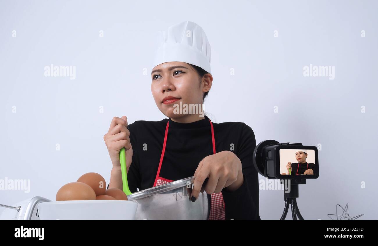 Food blogger streaming live. Online food instructor woman chef. Cooking ...
