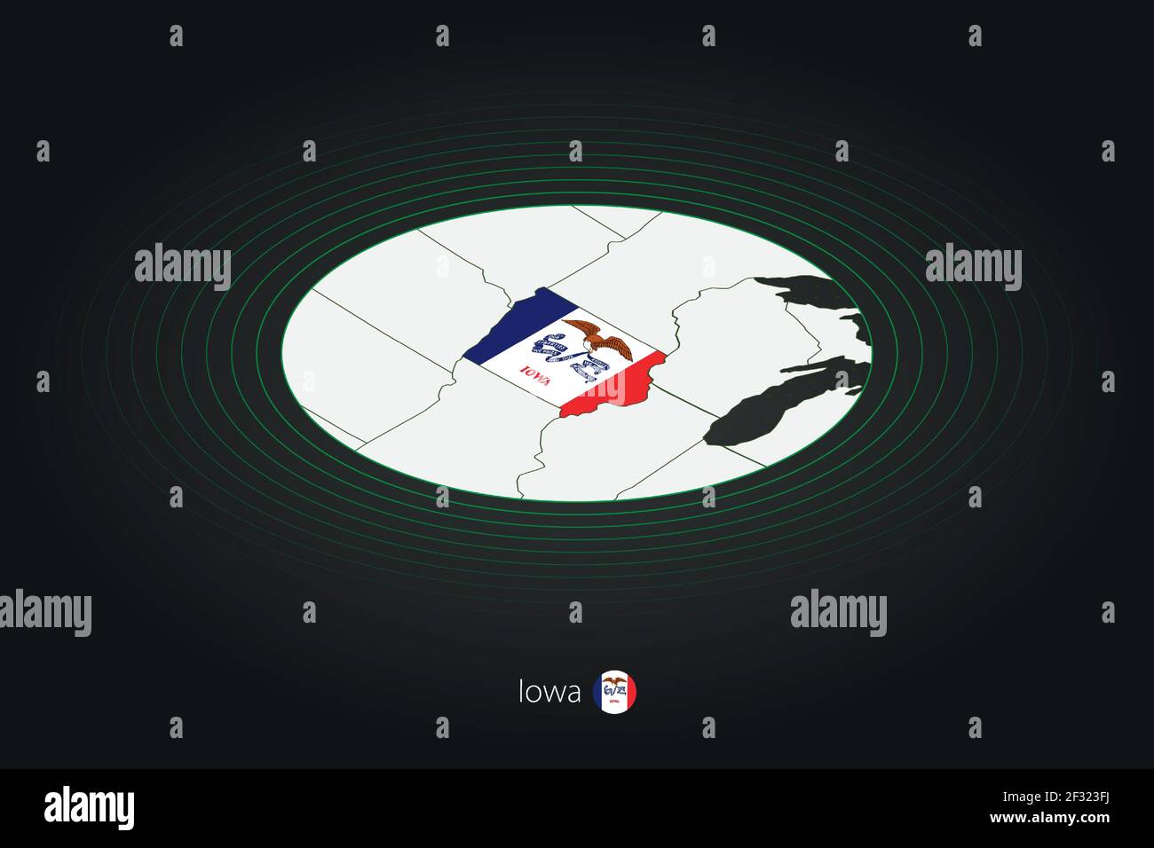 Iowa map in dark color, oval map with neighboring US states. Vector map ...