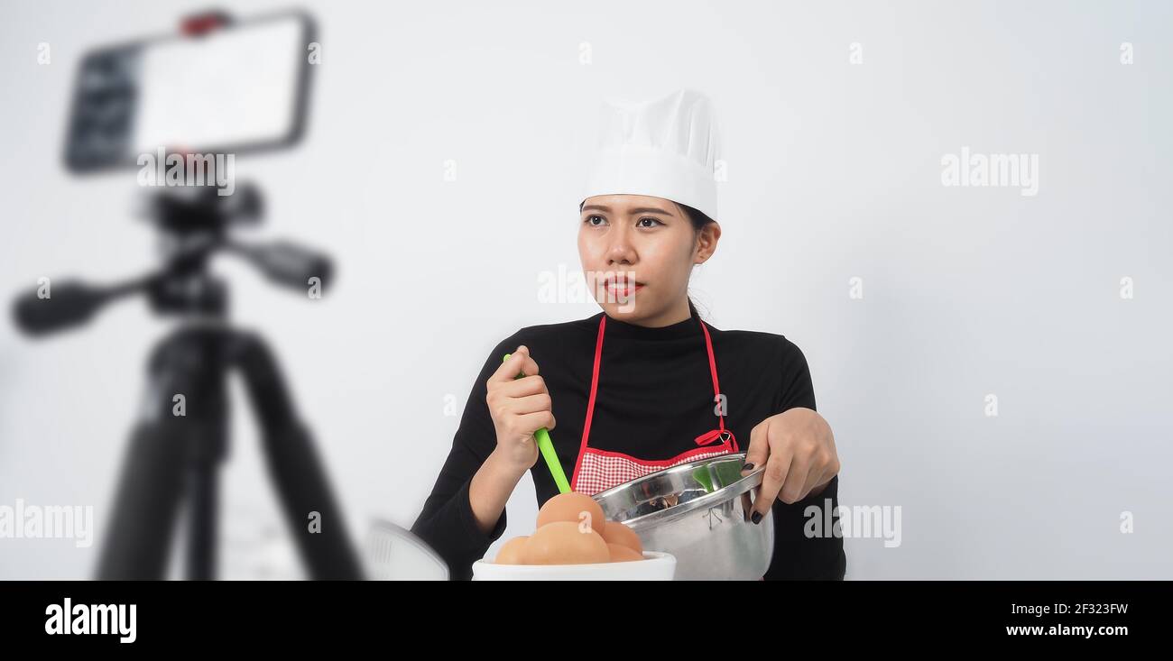 Food blogger streaming live. Online food instructor woman chef. Cooking ...