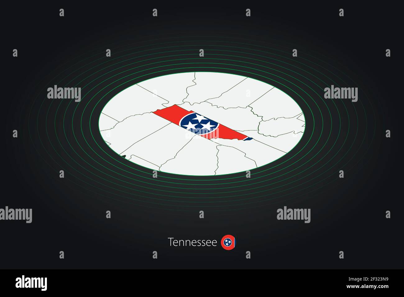 Tennessee map in dark color, oval map with neighboring US states ...
