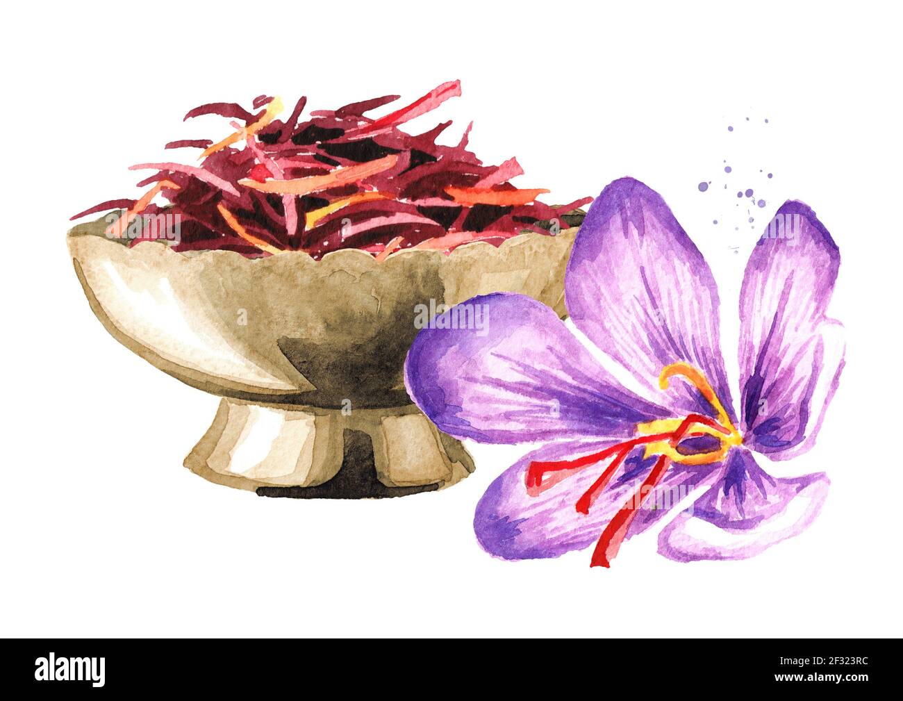Dried saffron spice in bowl and a flower. Watercolor hand drawn ...