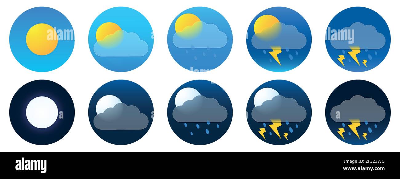 Vector drawing. Set of weather icons in the style of glass morphism ...